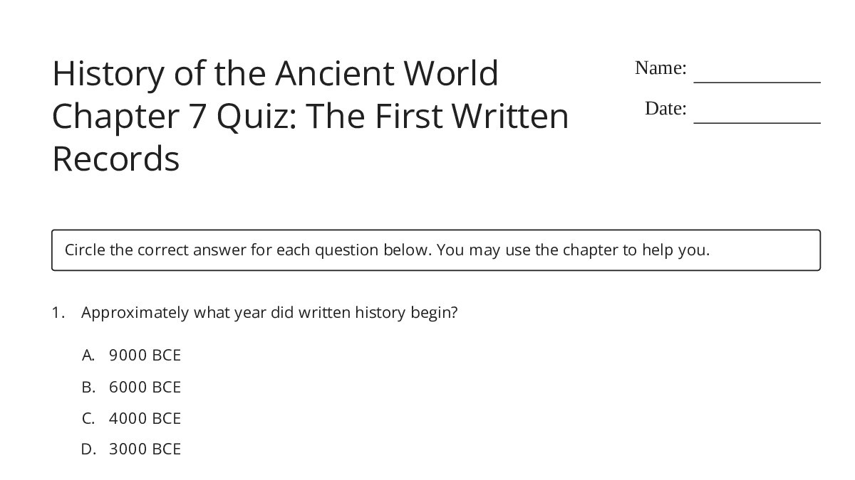 History of the Ancient World Chapter 7 Quiz: The First Written Records ...