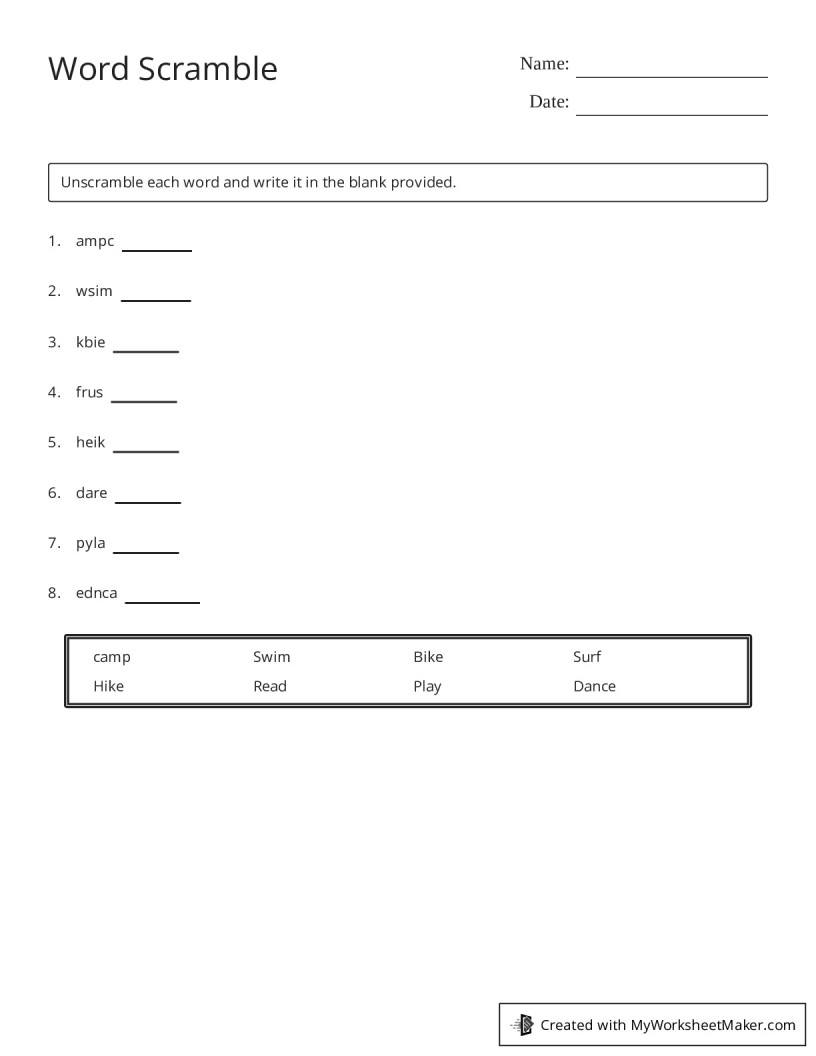 Word Scramble - My Worksheet Maker: Create Your Own Worksheets