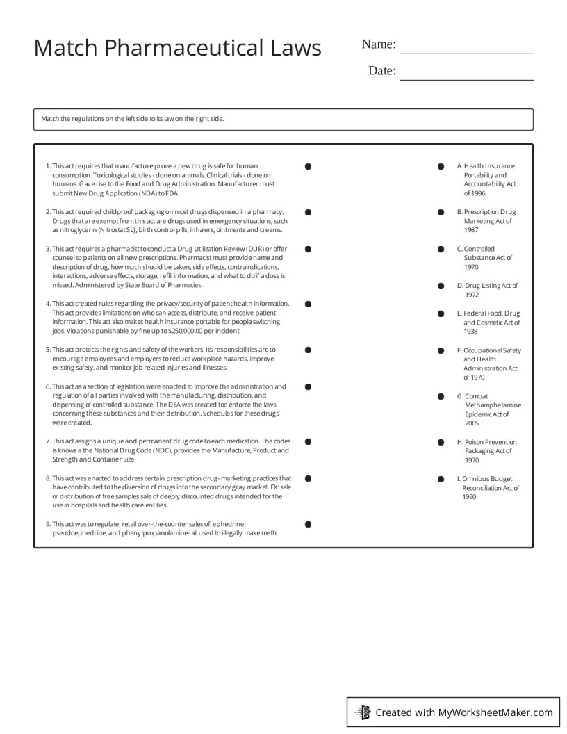 Match Pharmaceutical Laws - My Worksheet Maker: Create Your Own Worksheets