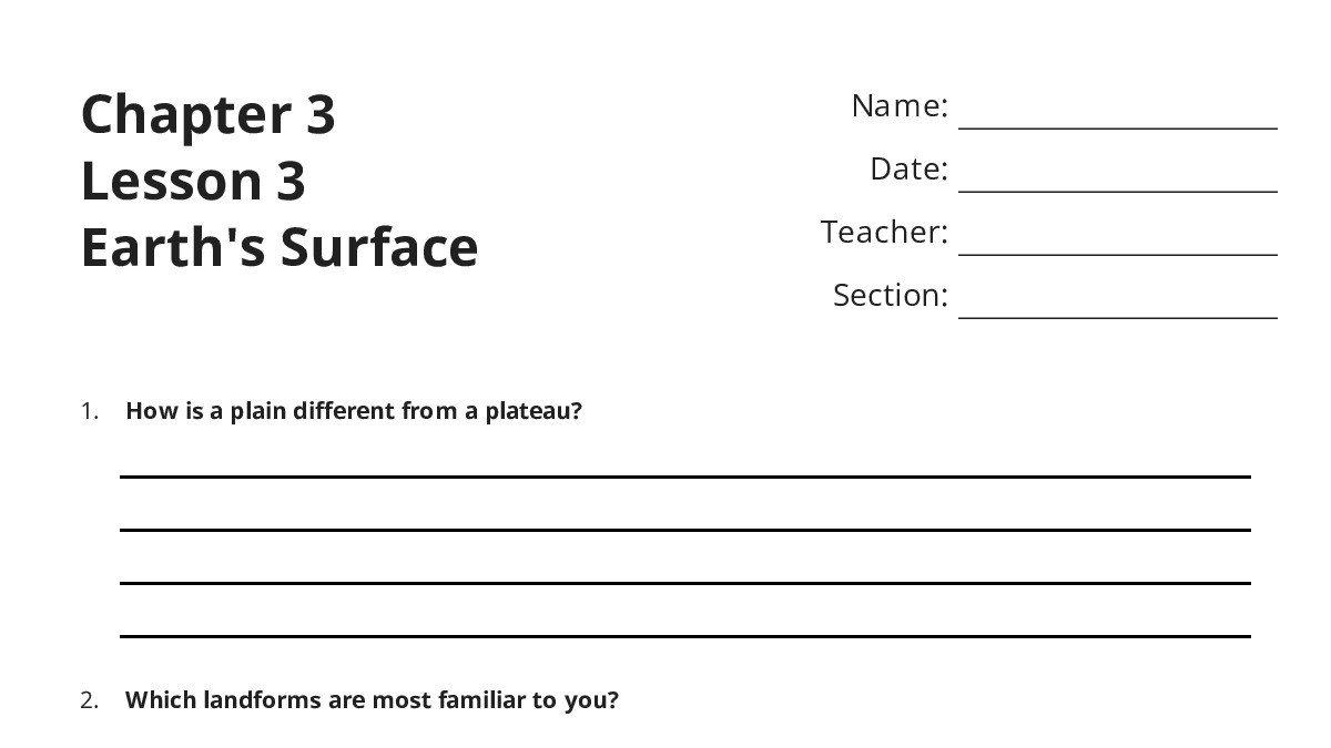 Chapter 3 Lesson 3 Earth's Surface - My Worksheet Maker: Create Your ...