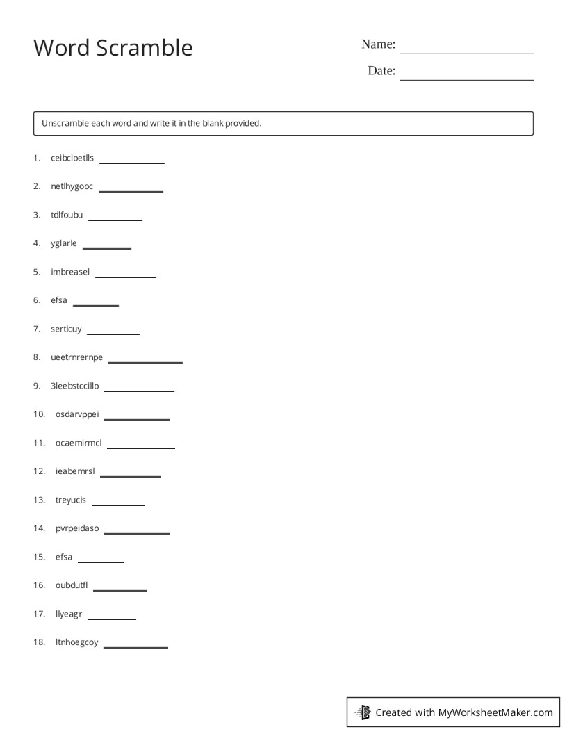 Word Scramble - My Worksheet Maker: Create Your Own Worksheets