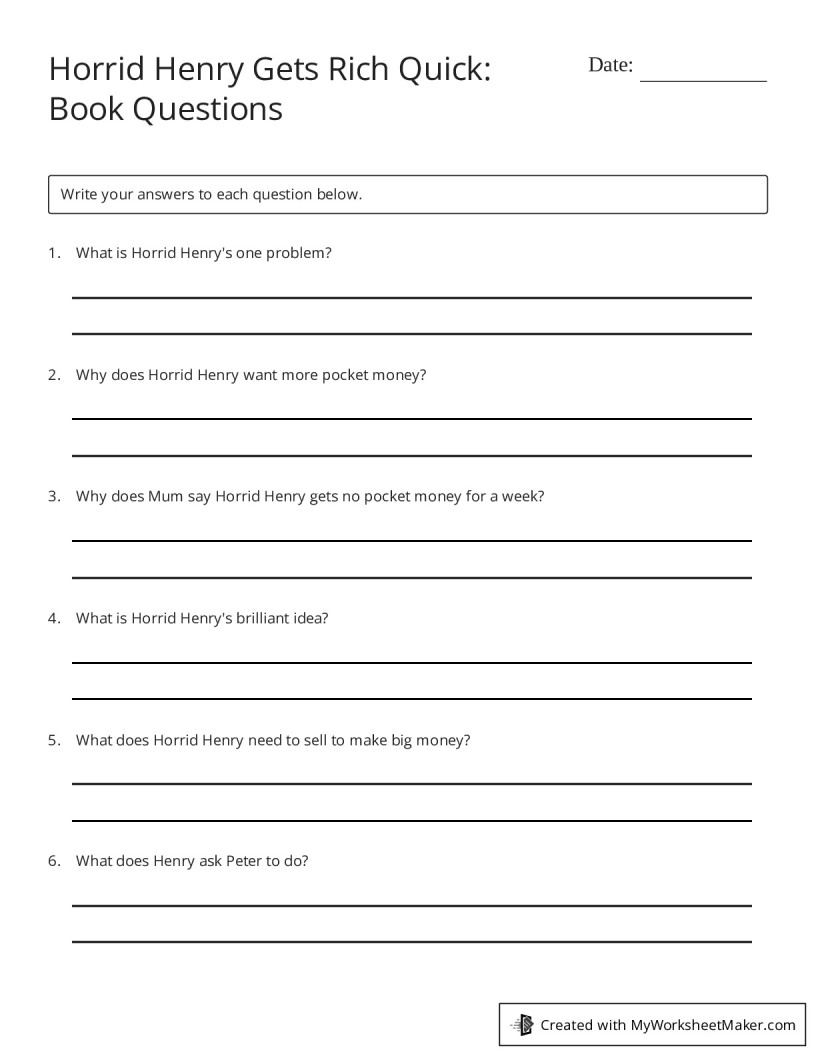Horrid Henry Gets Rich Quick: Book Questions - My Worksheet Maker ...