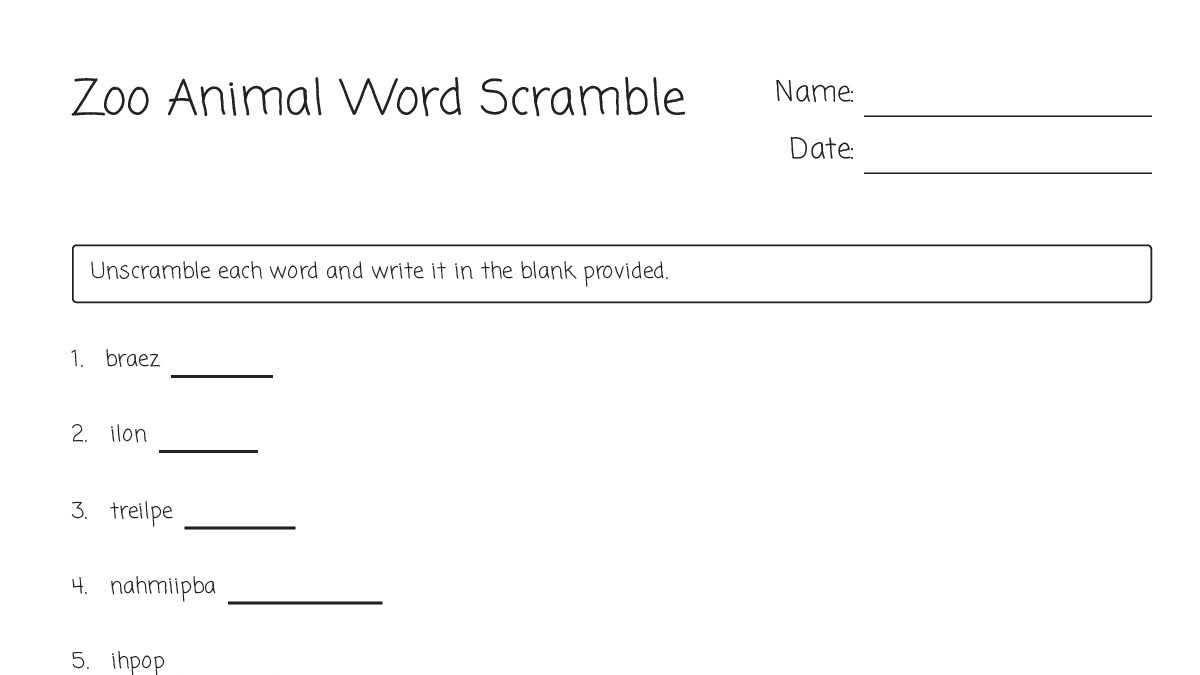 Zoo Animal Word Scramble - My Worksheet Maker: Create Your Own Worksheets