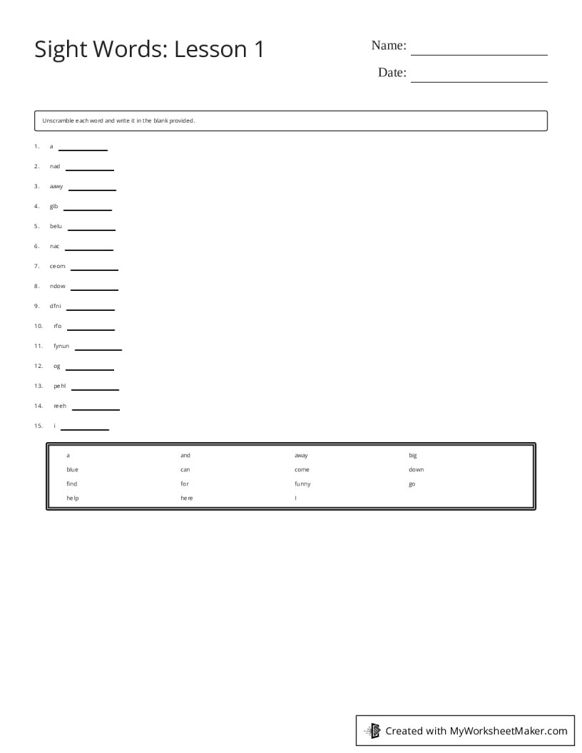 Sight Words: Lesson 1 - My Worksheet Maker: Create Your Own Worksheets