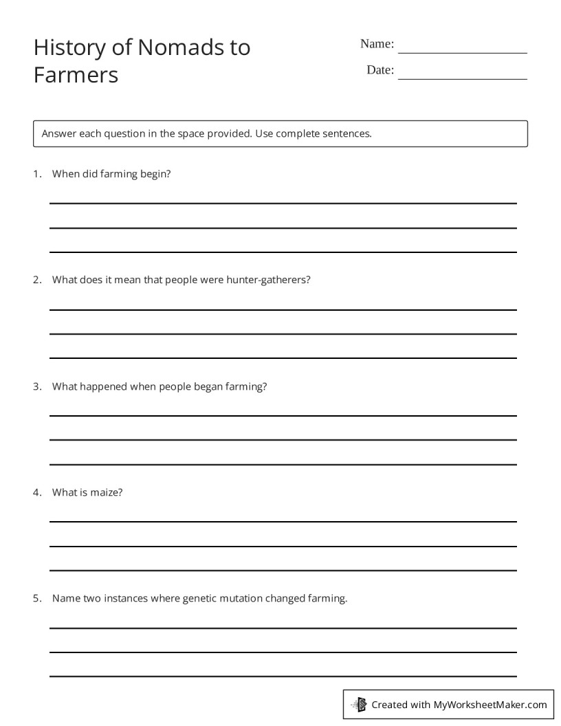 History of Nomads to Farmers - My Worksheet Maker: Create Your Own ...