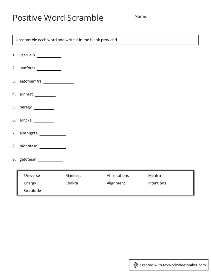 Positive Word Scramble - My Worksheet Maker: Create Your Own Worksheets