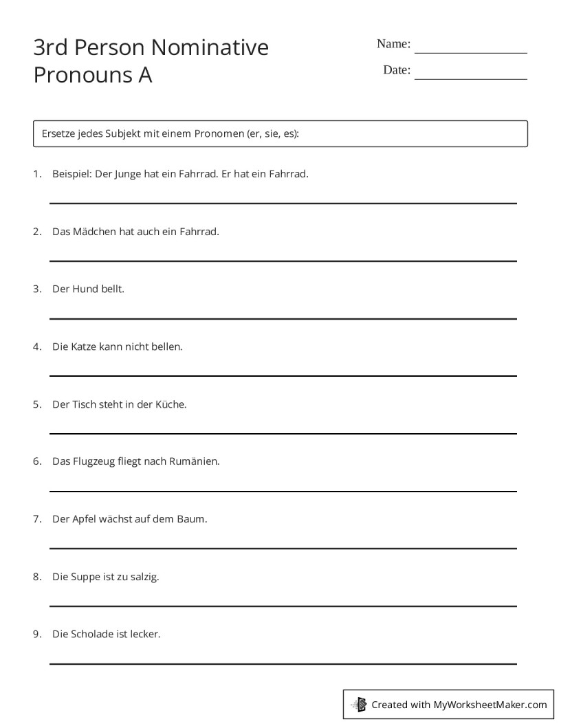 3rd Person Nominative Pronouns A - My Worksheet Maker: Create Your Own ...