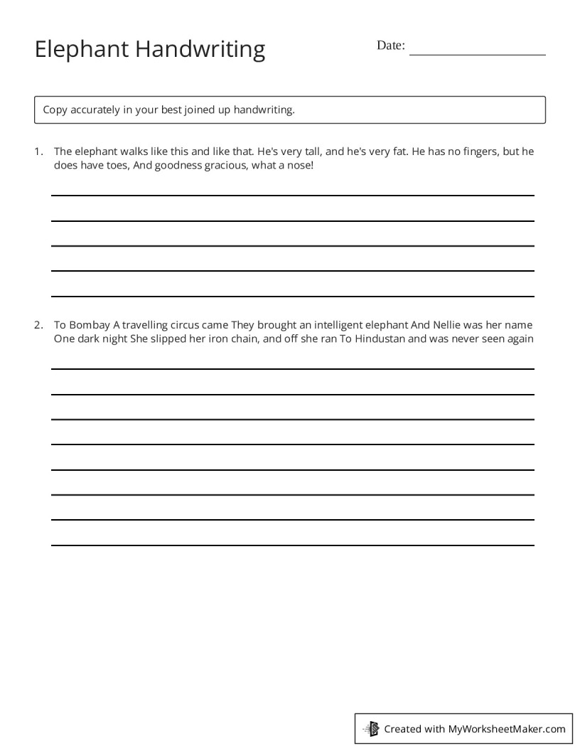 Elephant Handwriting - My Worksheet Maker: Create Your Own Worksheets