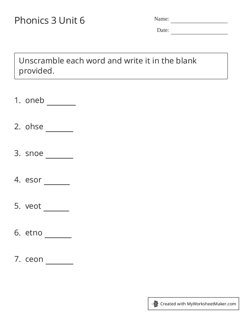 Phonics 3 Unit 6 - My Worksheet Maker: Create Your Own Worksheets