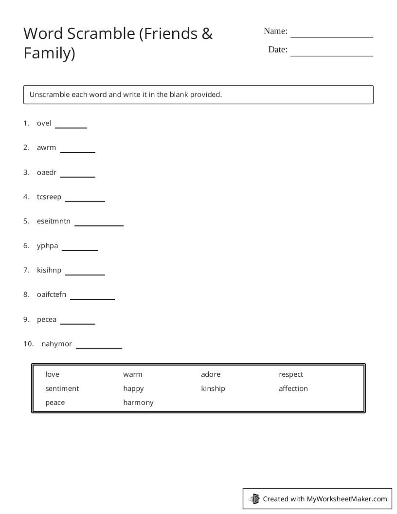 Word Scramble (Friends & Family) - My Worksheet Maker: Create Your Own ...