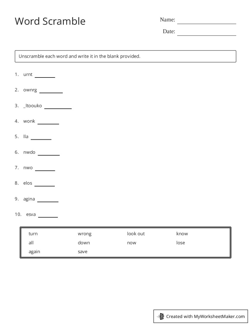 Word Scramble - My Worksheet Maker: Create Your Own Worksheets