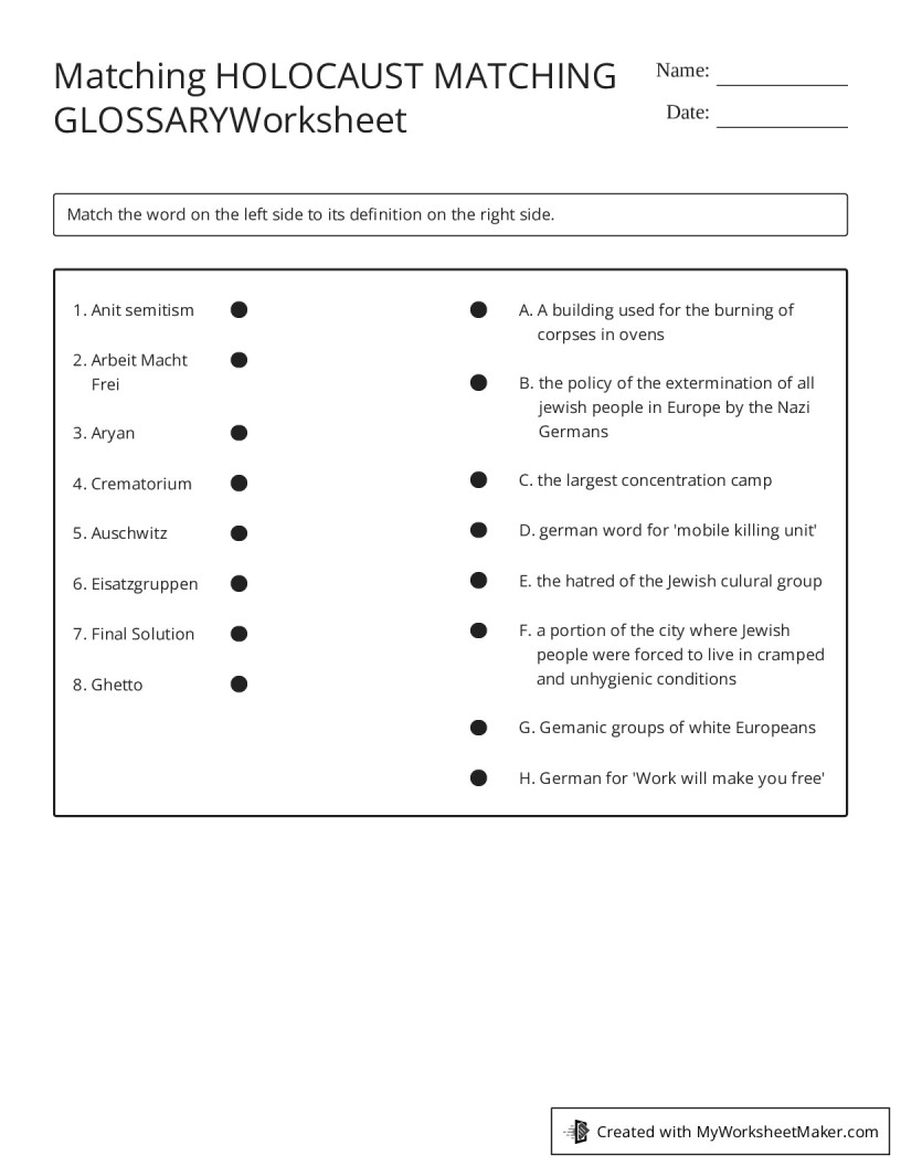 Matching HOLOCAUST MATCHING GLOSSARYWorksheet - My Worksheet Maker ...