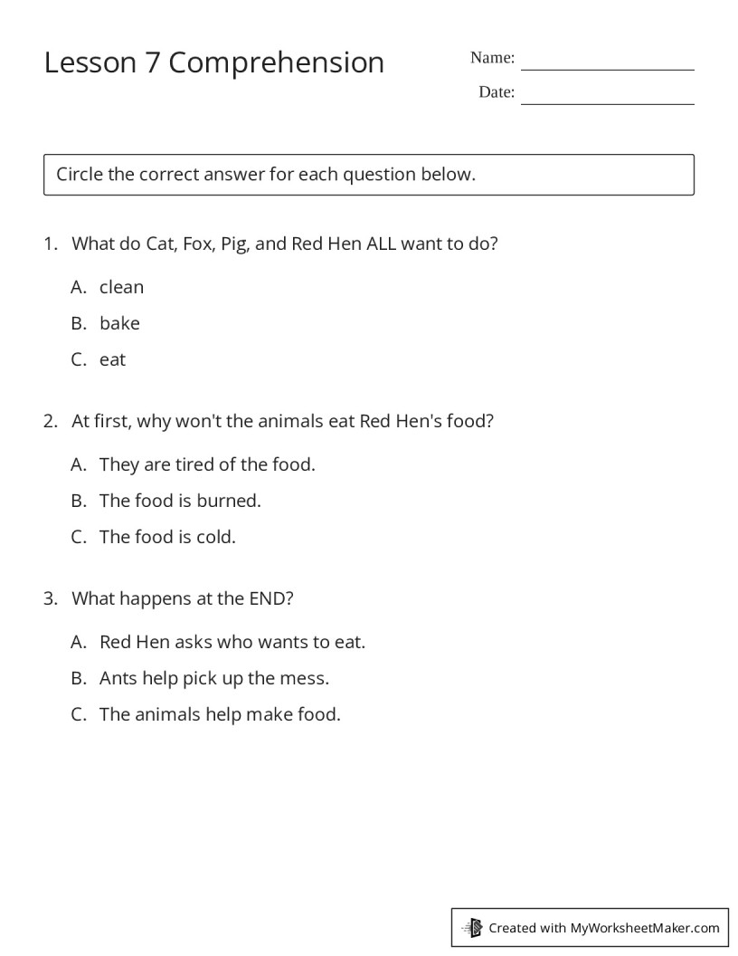 Lesson 7 Comprehension - My Worksheet Maker: Create Your Own Worksheets
