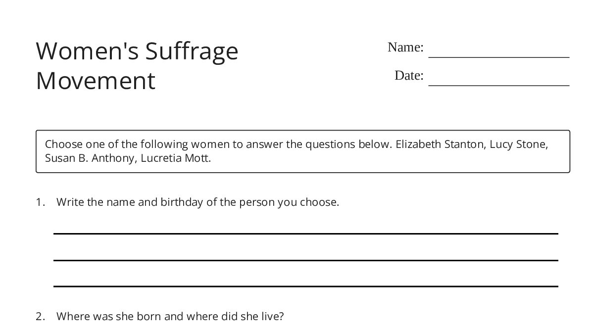 Women's Suffrage Movement - My Worksheet Maker: Create Your Own Worksheets