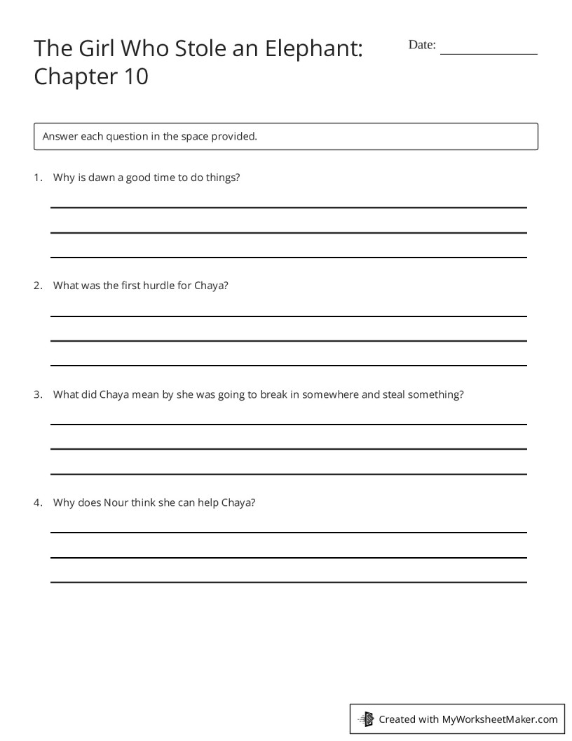 The Girl Who Stole an Elephant: Chapter 10 - My Worksheet Maker: Create ...