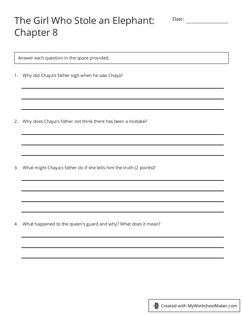 The Girl Who Stole an Elephant: Chapter 8 - My Worksheet Maker: Create ...