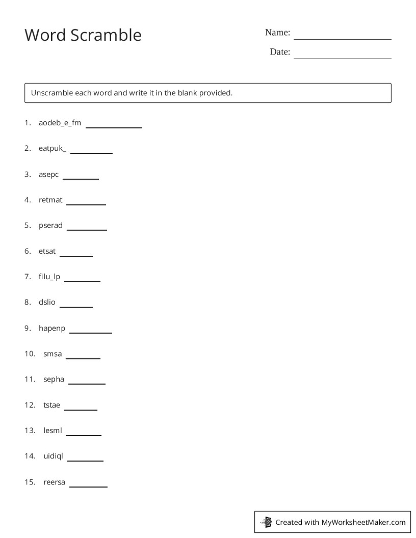 Word Scramble - My Worksheet Maker: Create Your Own Worksheets