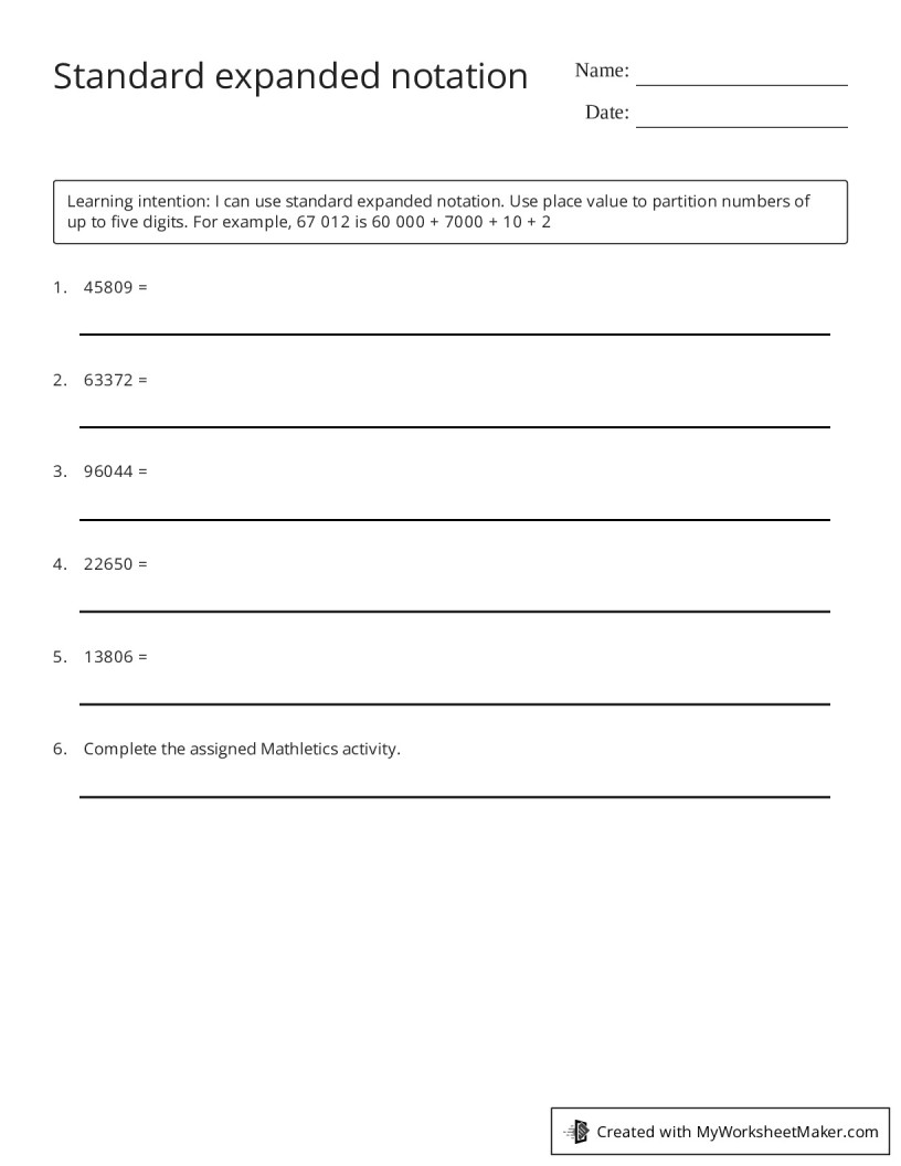 Standard expanded notation - My Worksheet Maker: Create Your Own Worksheets