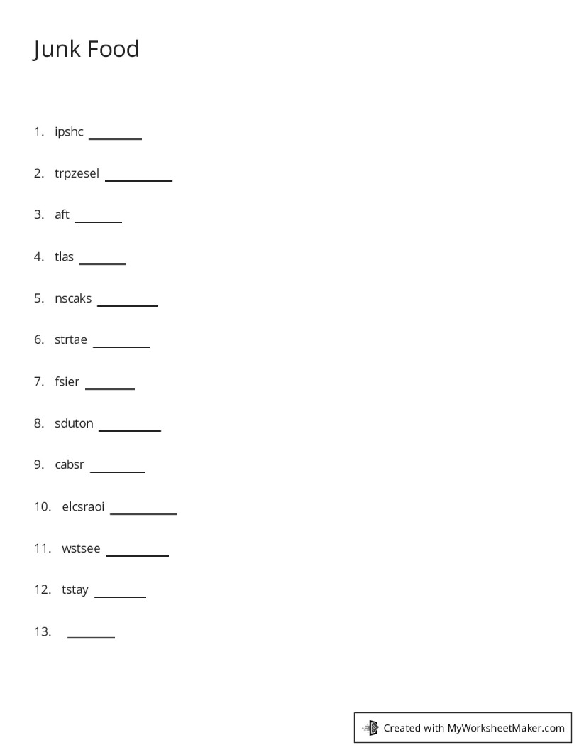 Junk Food - My Worksheet Maker: Create Your Own Worksheets