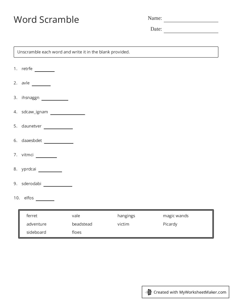 Word Scramble - My Worksheet Maker: Create Your Own Worksheets