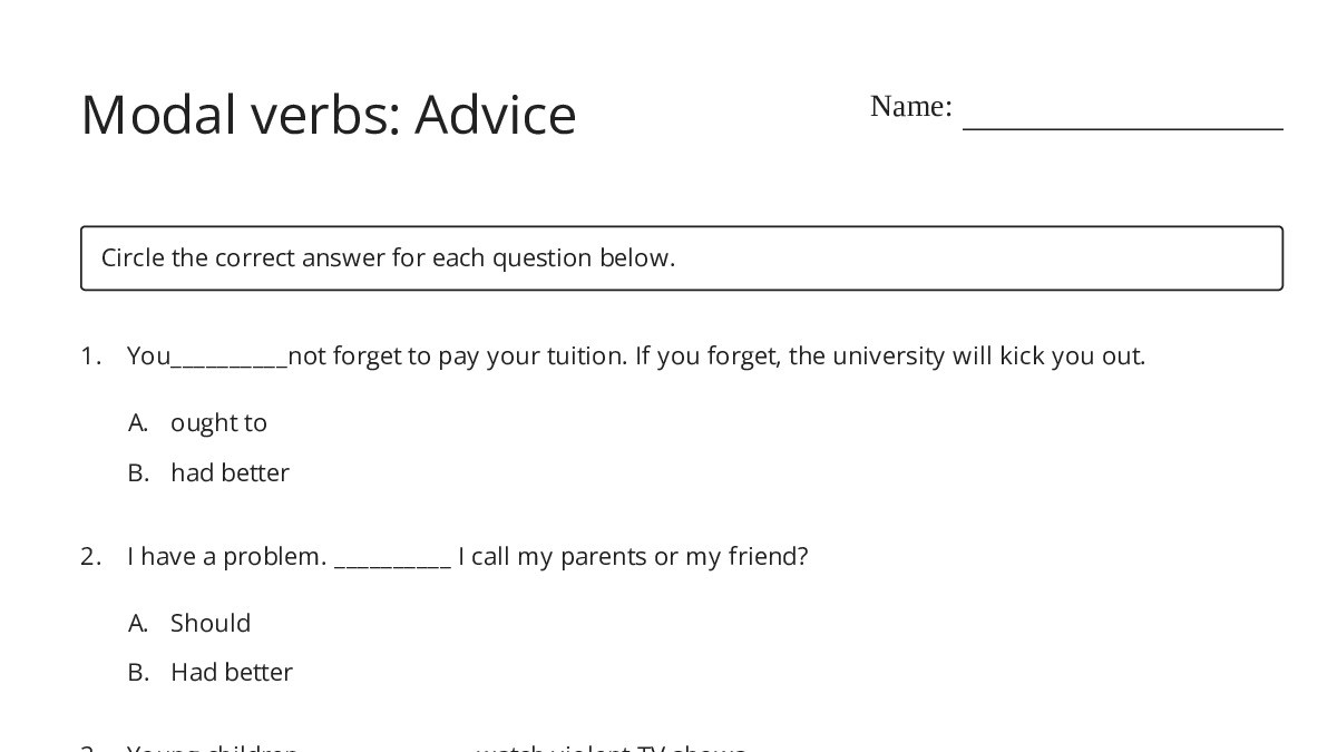 Modal verbs: Advice - My Worksheet Maker: Create Your Own Worksheets