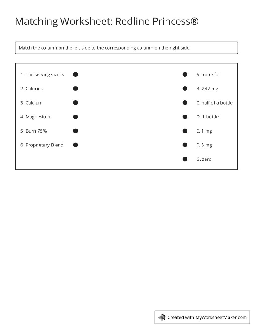 Matching Worksheet: Redline Princess® - My Worksheet Maker: Create Your ...