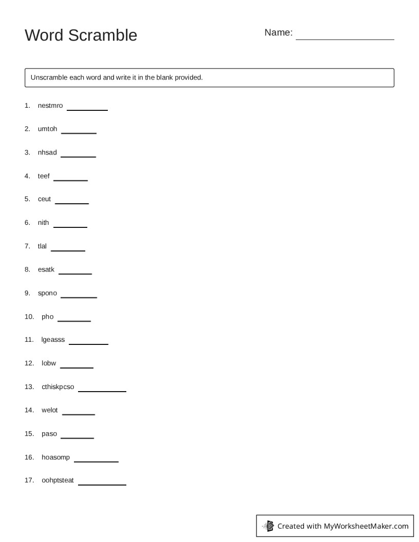 Word Scramble - My Worksheet Maker: Create Your Own Worksheets