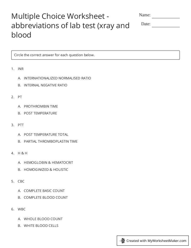 Multiple Choice Worksheet -abbreviations of lab test (xray and blood ...