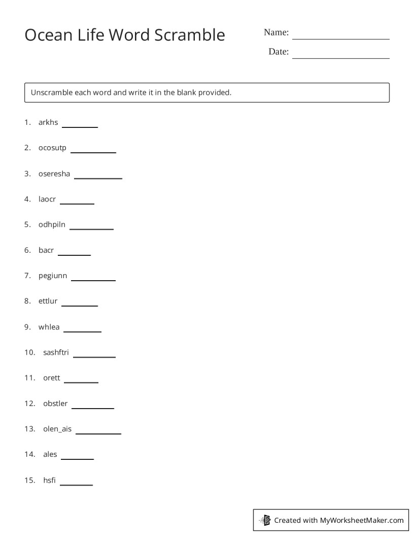 Ocean Life Word Scramble - My Worksheet Maker: Create Your Own Worksheets