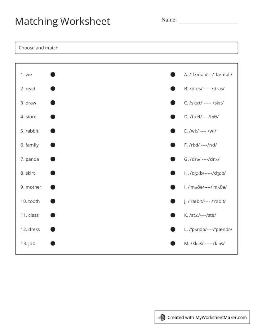 Matching Worksheet - My Worksheet Maker: Create Your Own Worksheets