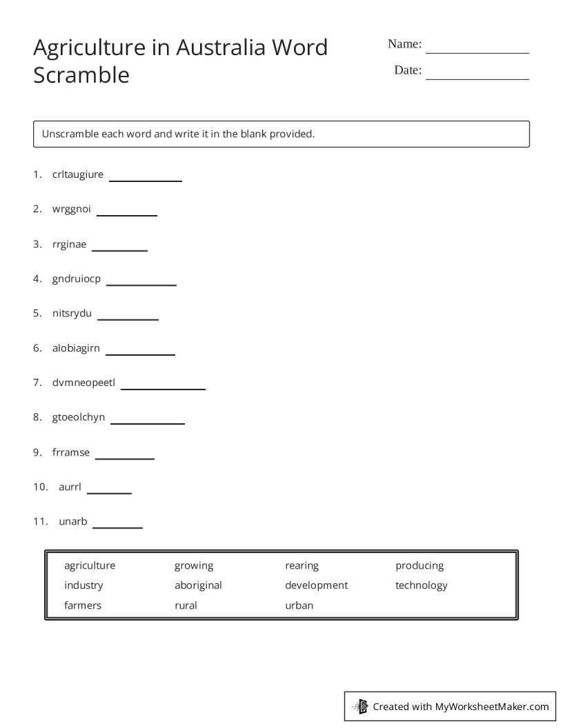 Agriculture in Australia Word Scramble - My Worksheet Maker: Create ...