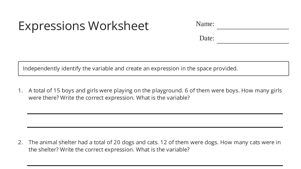 Expressions Worksheet - My Worksheet Maker: Create Your Own Worksheets