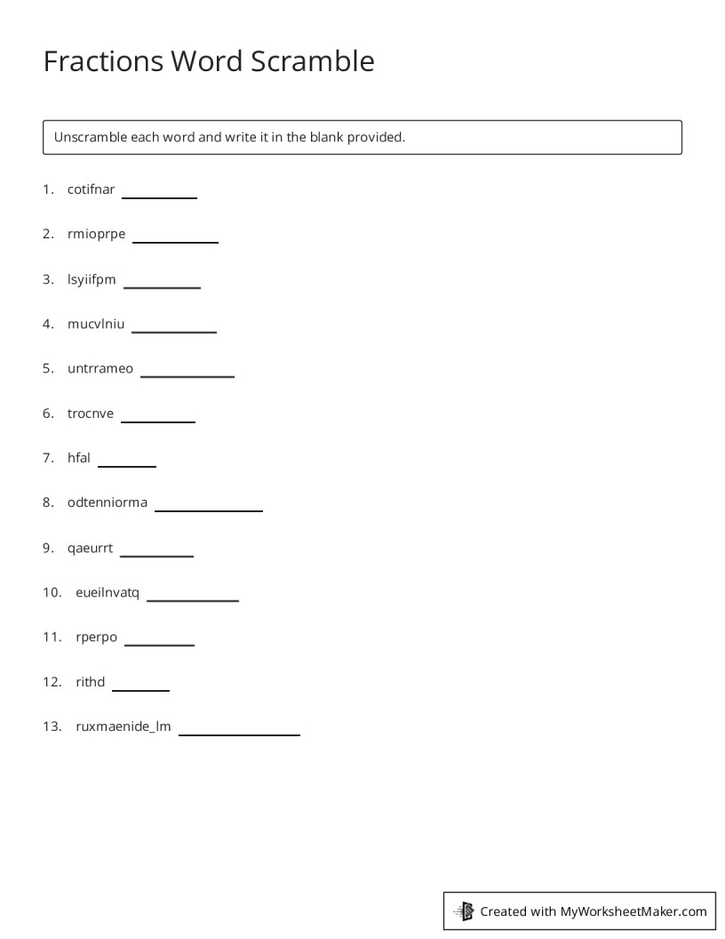 Fractions Word Scramble - My Worksheet Maker: Create Your Own Worksheets