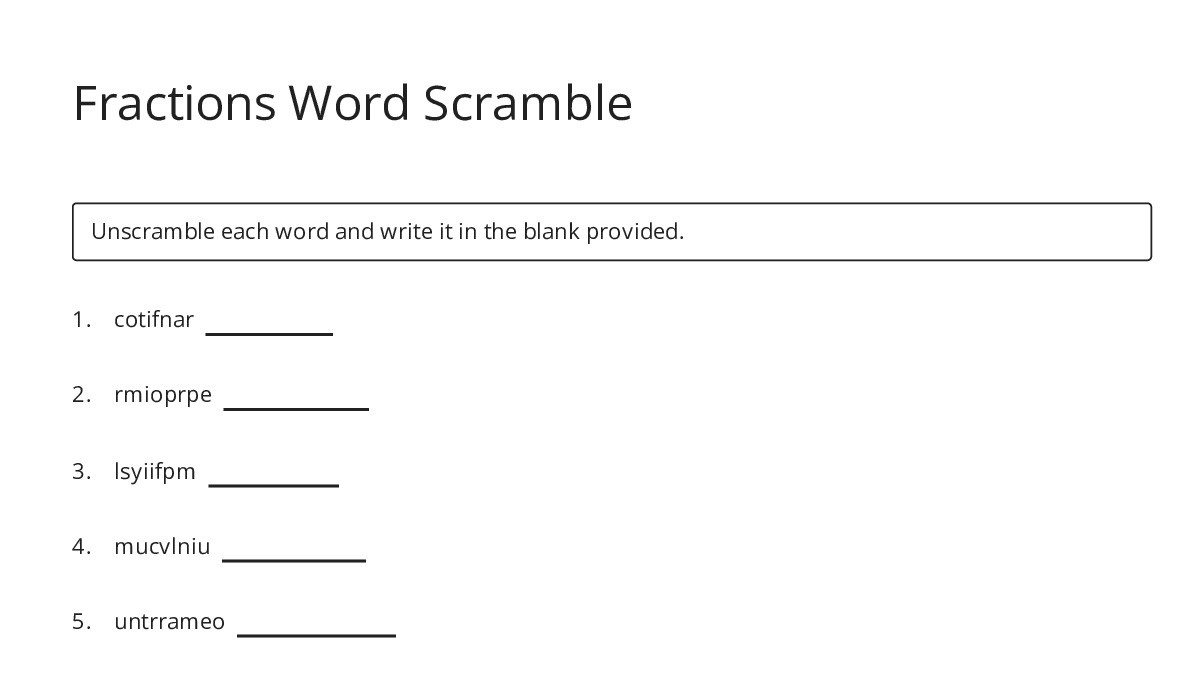 Fractions Word Scramble - My Worksheet Maker: Create Your Own Worksheets