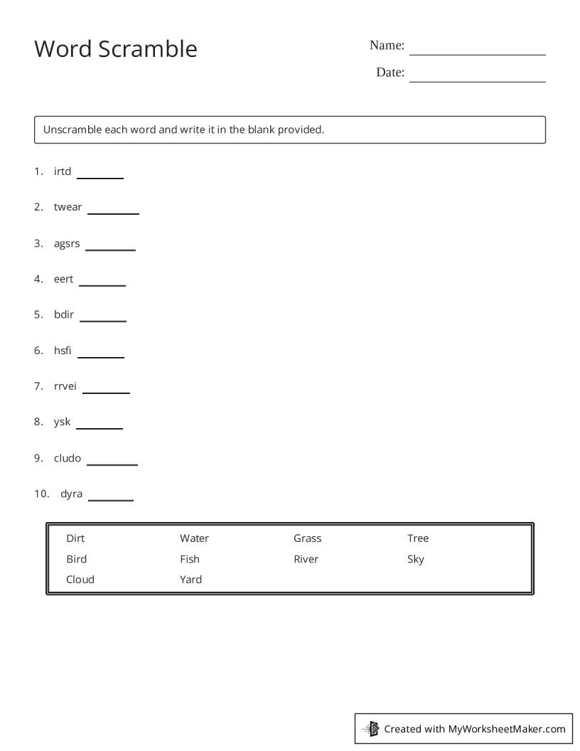 Word Scramble - My Worksheet Maker: Create Your Own Worksheets
