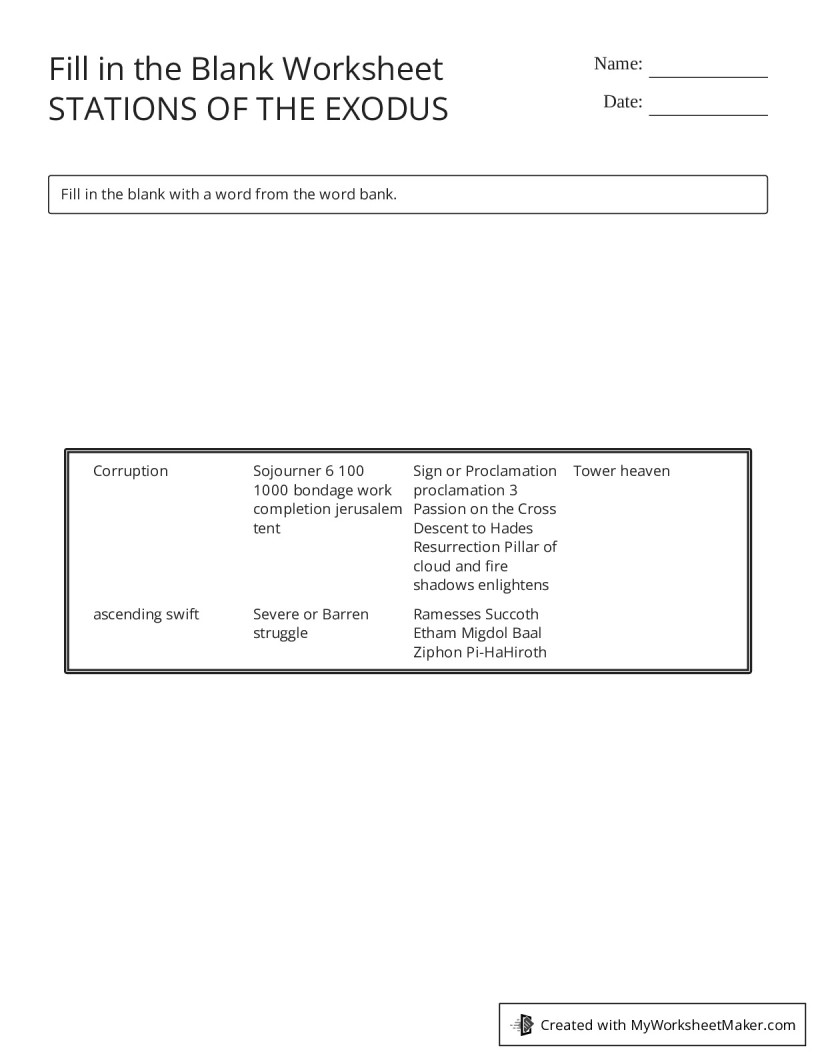 Fill in the Blank Worksheet STATIONS OF THE EXODUS - My Worksheet Maker ...