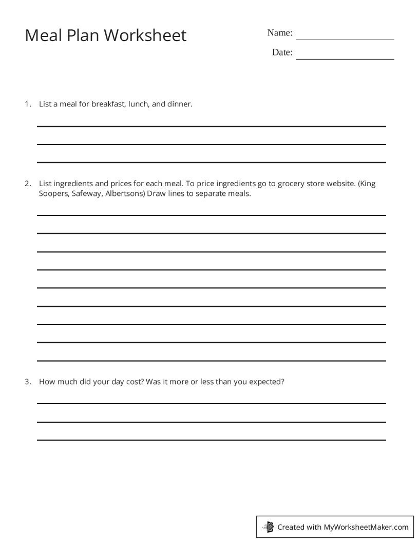 Meal Plan Worksheet - My Worksheet Maker: Create Your Own Worksheets