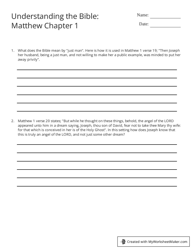 Understanding the Bible: Matthew Chapter 1 - My Worksheet Maker: Create ...