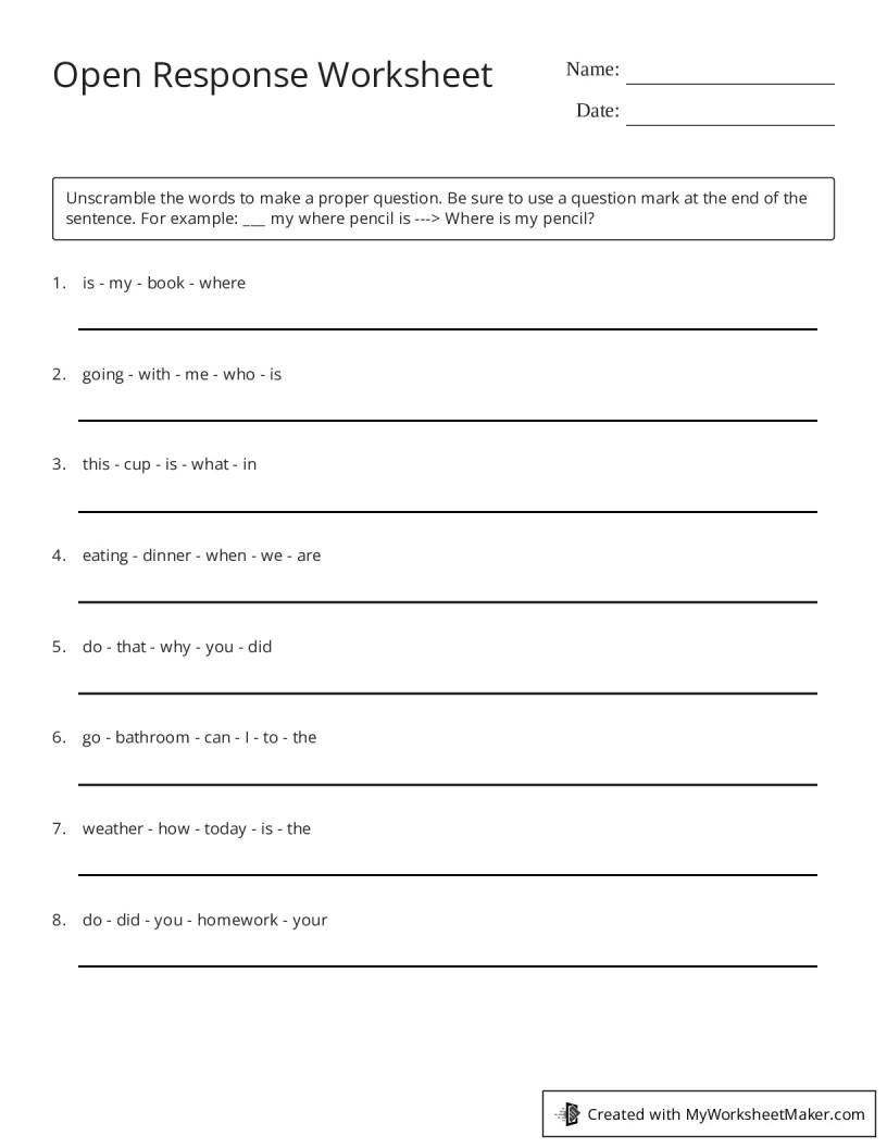 Open Response Worksheet - My Worksheet Maker: Create Your Own Worksheets