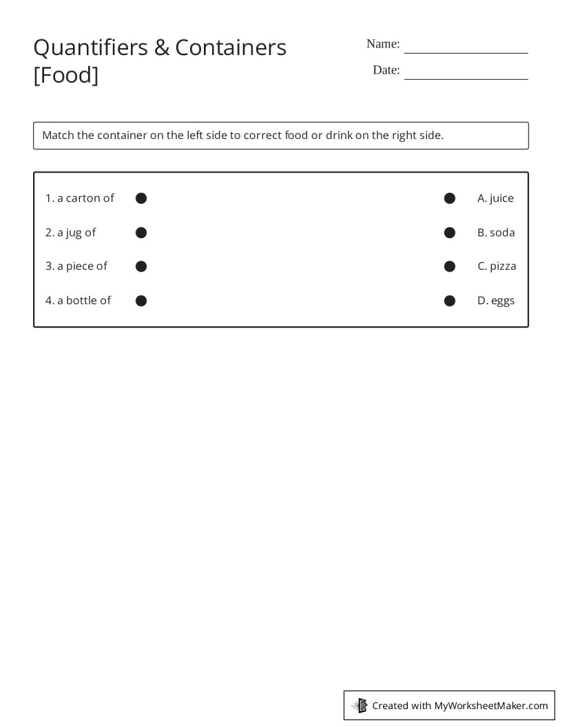 Quantifiers & Containers [Food] - My Worksheet Maker: Create Your Own ...