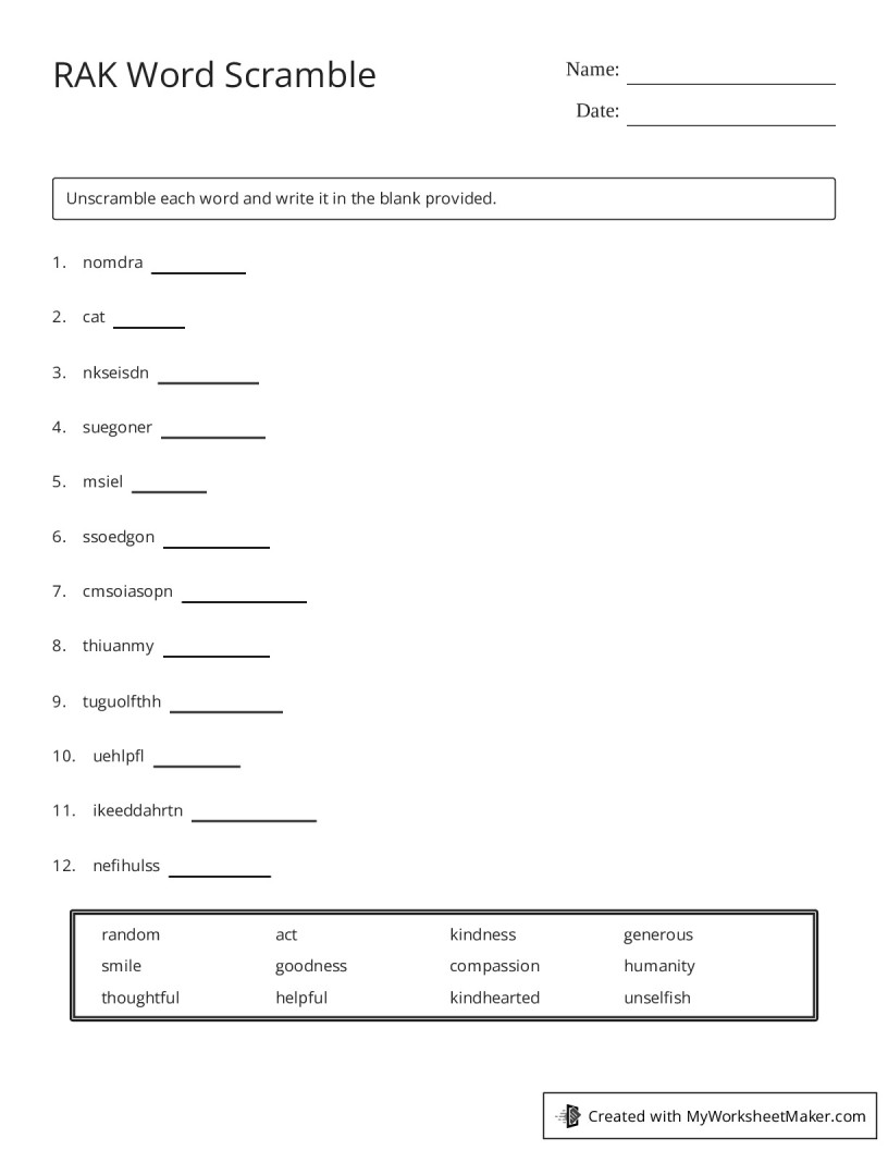 RAK Word Scramble - My Worksheet Maker: Create Your Own Worksheets