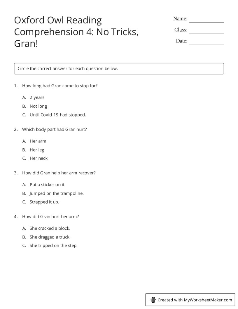 Oxford Owl Reading Comprehension 4: No Tricks, Gran! - My Worksheet ...