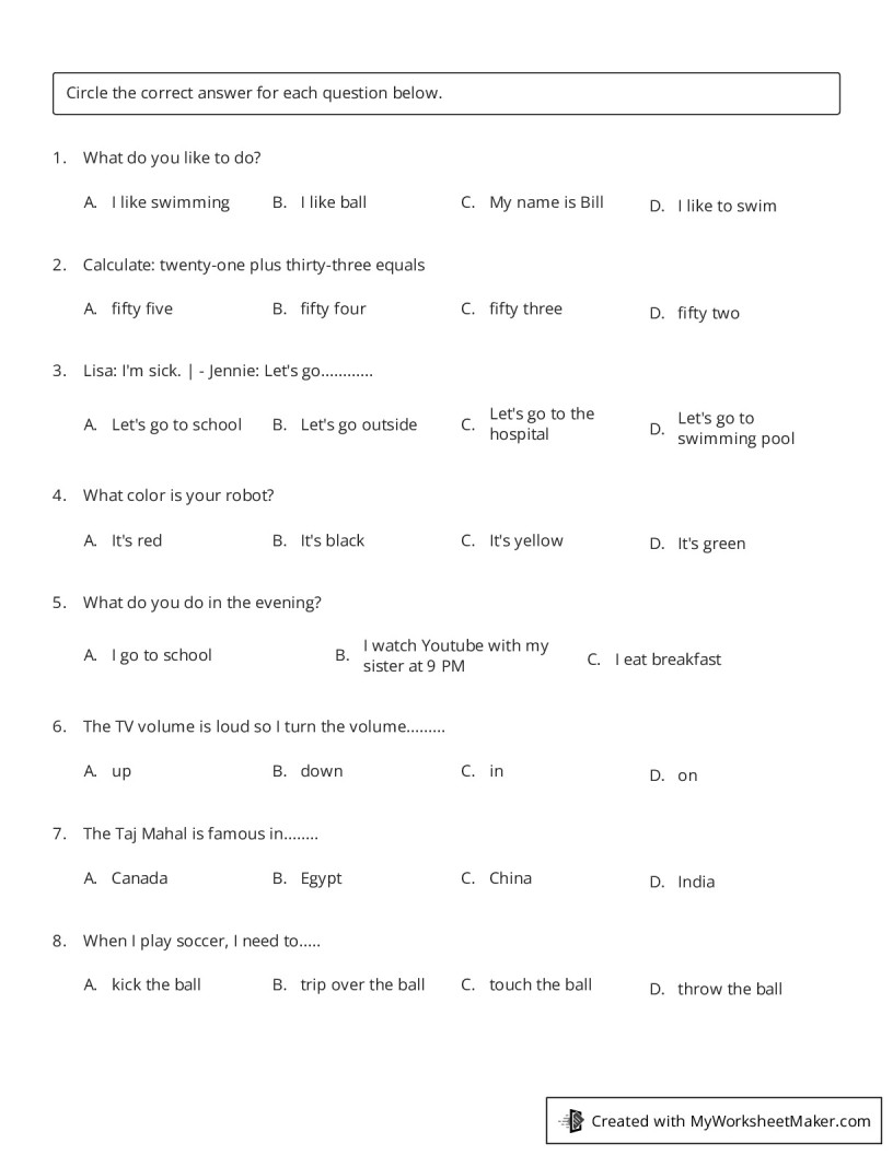 Multiple Choice Worksheet - My Worksheet Maker: Create Your Own Worksheets