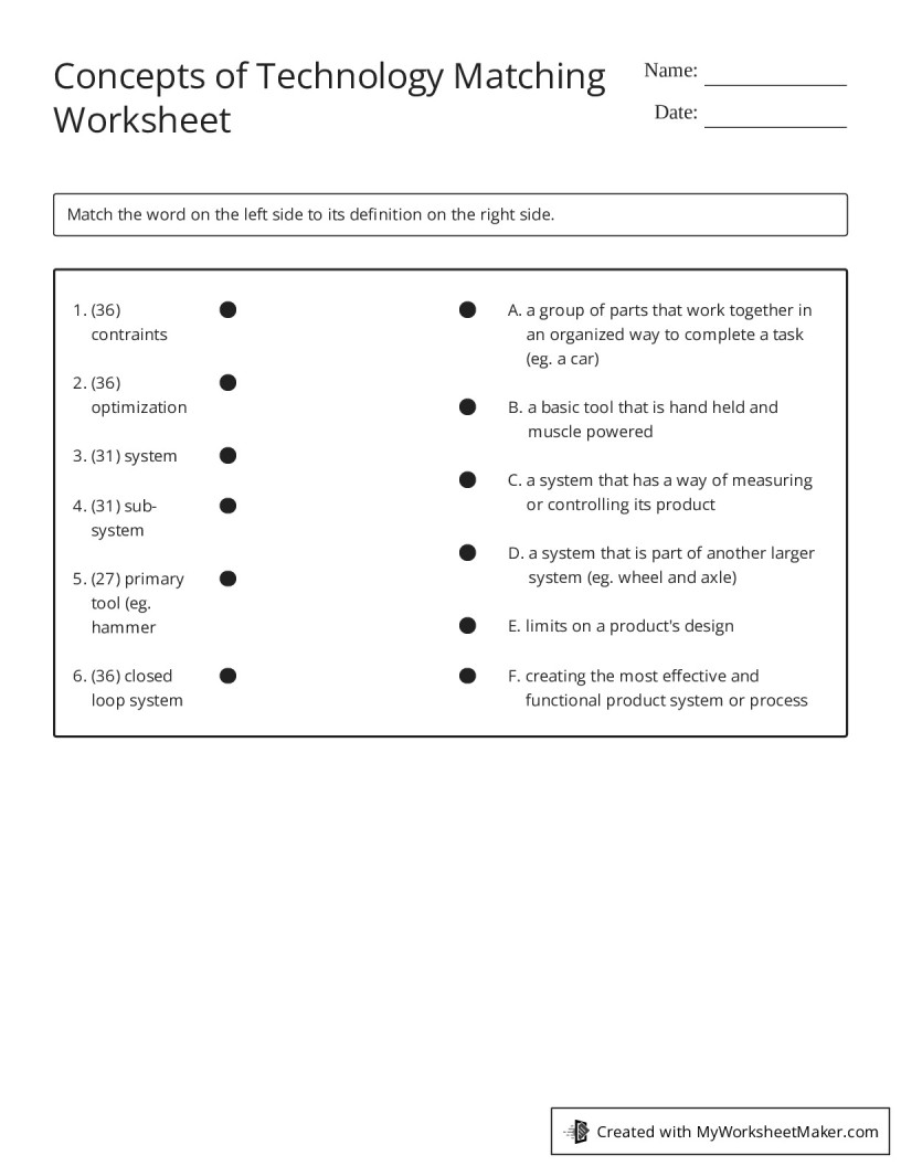 Concepts of Technology Matching Worksheet - My Worksheet Maker: Create ...