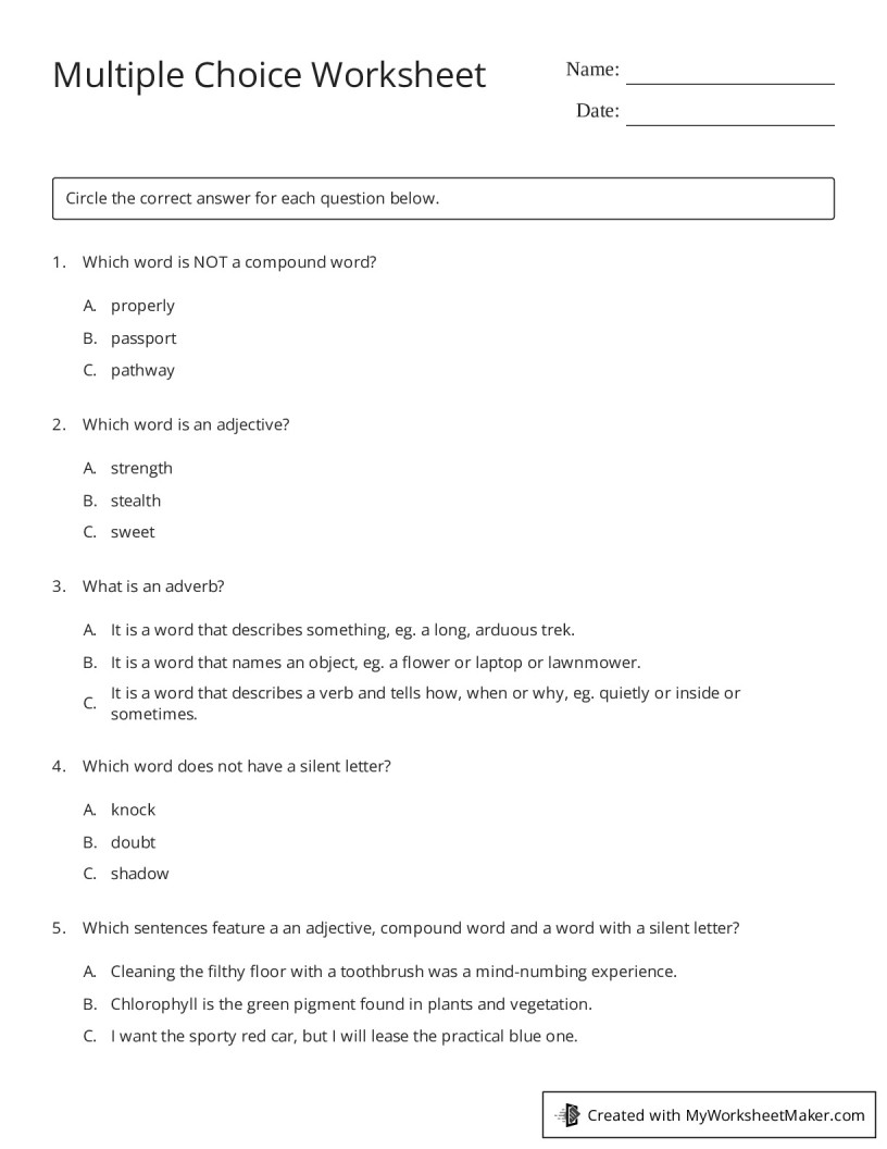 Multiple Choice Worksheet - My Worksheet Maker: Create Your Own Worksheets