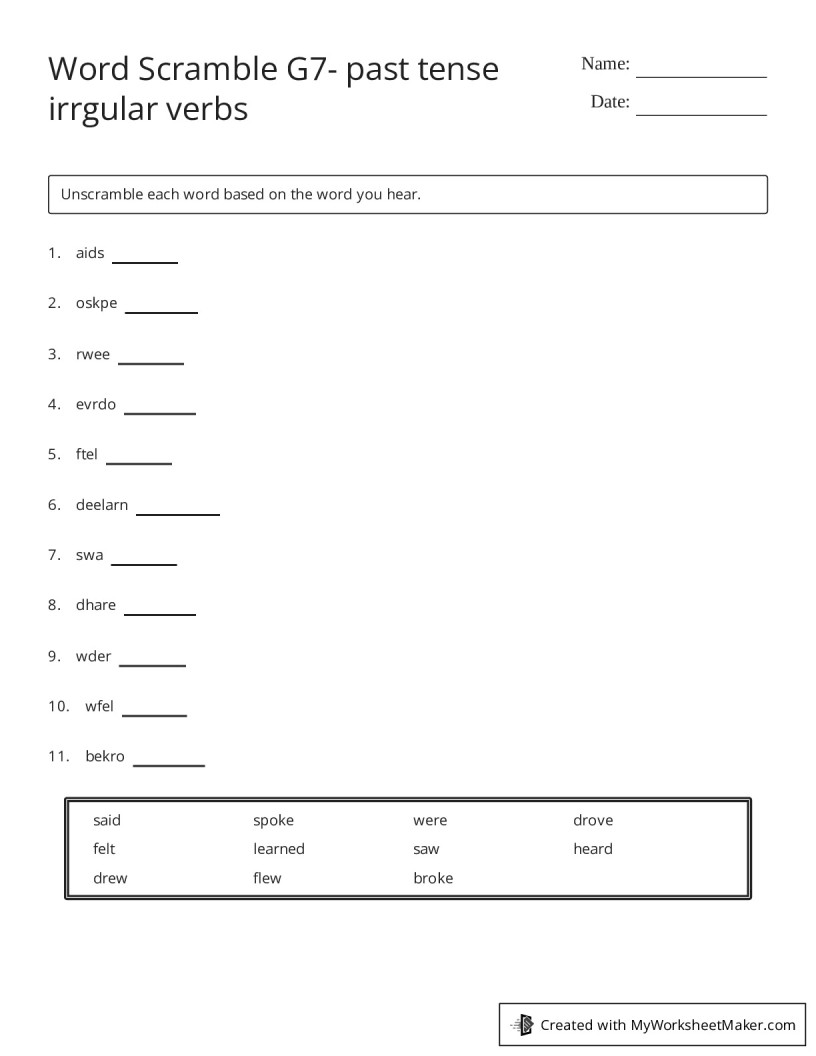 Word Scramble G7- past tense irrgular verbs - My Worksheet Maker ...