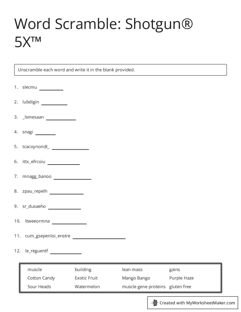Word Scramble: Shotgun® 5X™ - My Worksheet Maker: Create Your Own ...