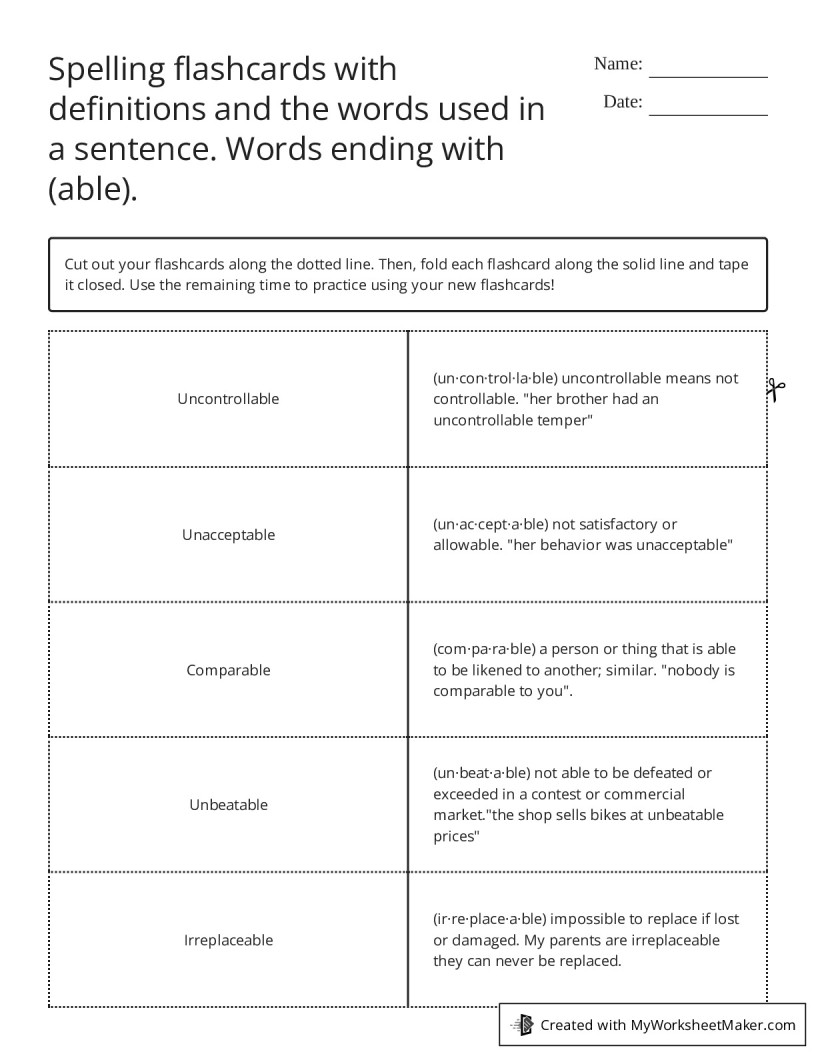 Spelling flashcards with definitions and the words used in a sentence ...