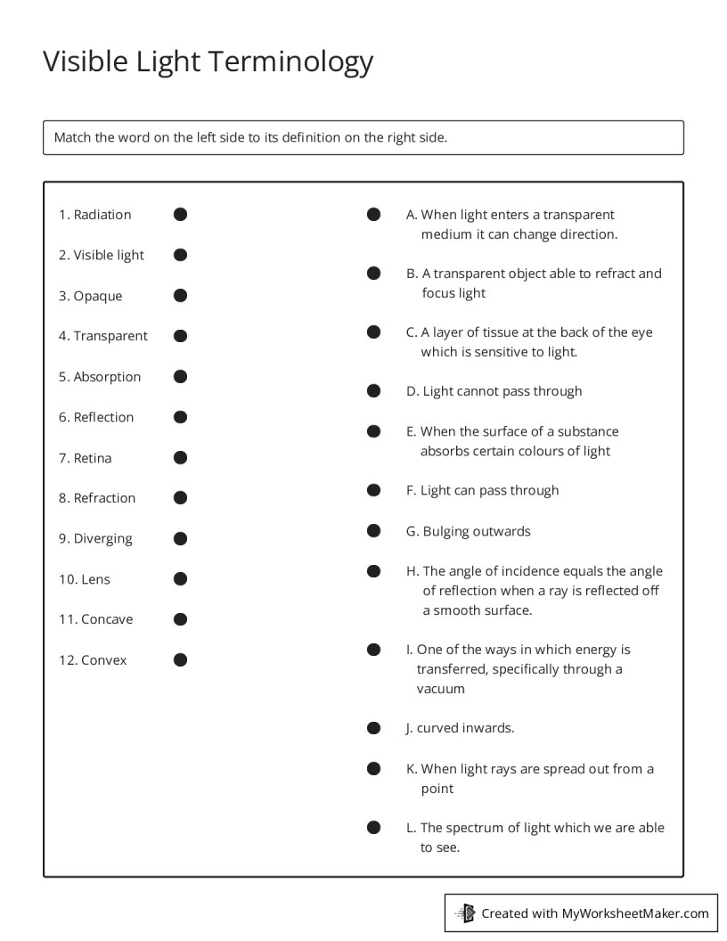 Visible Light Terminology - My Worksheet Maker: Create Your Own Worksheets
