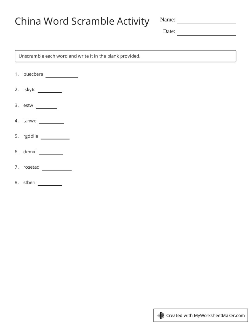 China Word Scramble Activity - My Worksheet Maker: Create Your Own ...